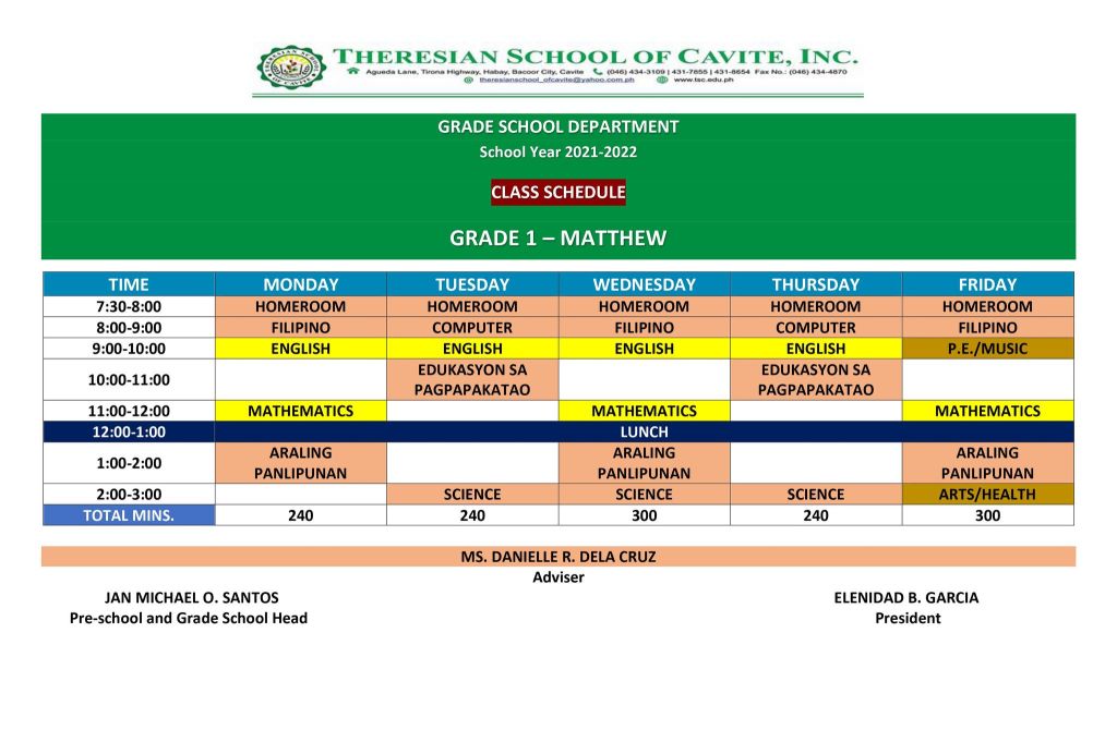 Kinder to Grade 10 Class Schedule for SY: 2021-2022 – THERESIAN SCHOOL ...