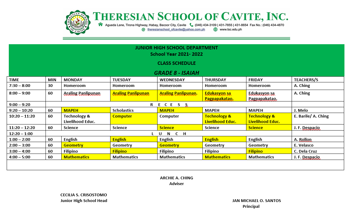 Kinder to Grade 10 Class Schedule for SY: 2021-2022 – THERESIAN SCHOOL ...
