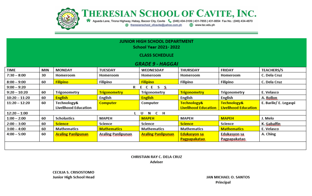 Kinder to Grade 10 Class Schedule for SY: 2021-2022 – THERESIAN SCHOOL ...