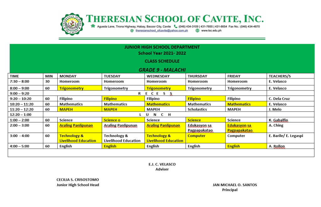 Kinder to Grade 10 Class Schedule for SY: 2021-2022 – THERESIAN SCHOOL ...