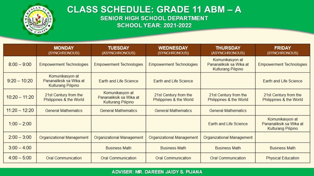 Senior High School Class Schedule for SY: 2021-2022 – THERESIAN SCHOOL ...