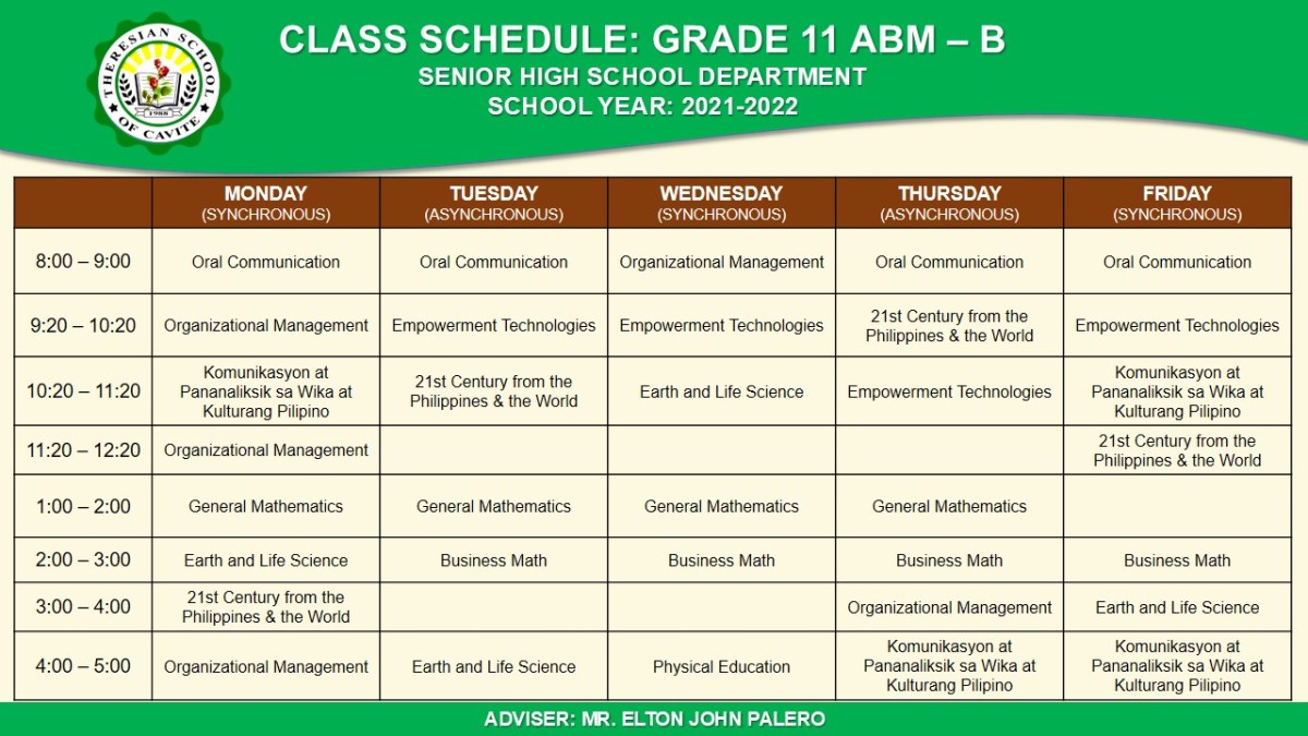 Senior High School Class Schedule for SY: 2021-2022 – THERESIAN SCHOOL ...