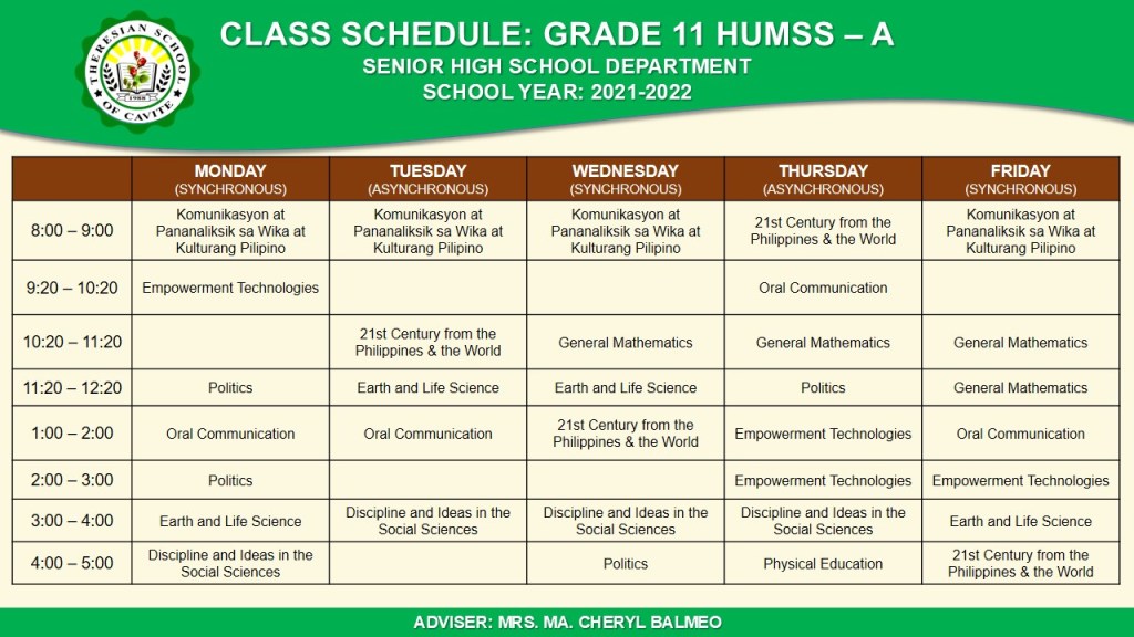 Senior High School Class Schedule for SY: 2021-2022 – THERESIAN SCHOOL ...