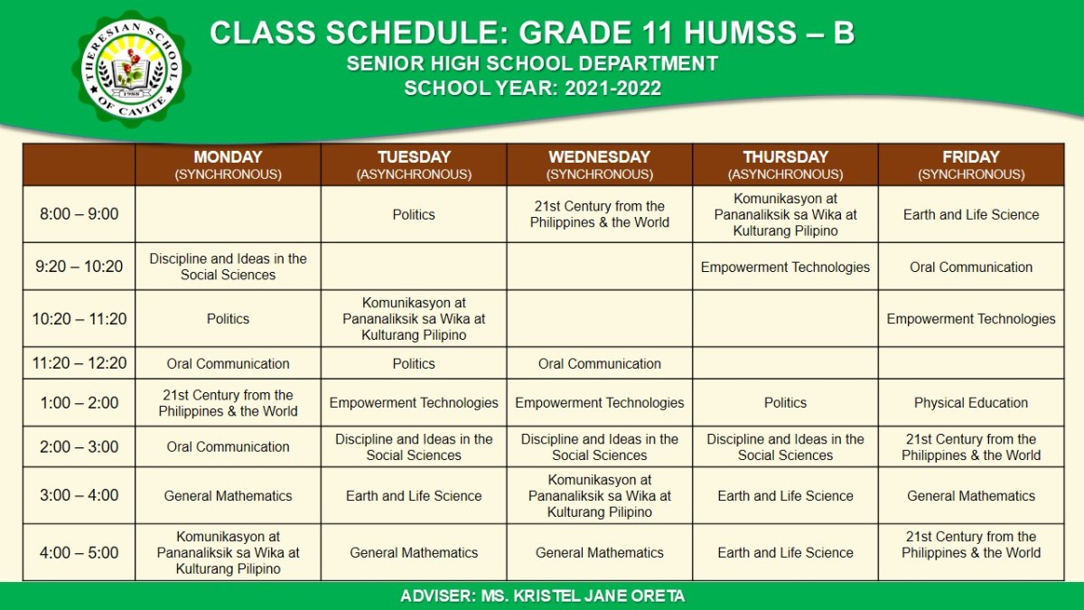 Senior High School Class Schedule for SY: 2021-2022 – THERESIAN SCHOOL ...