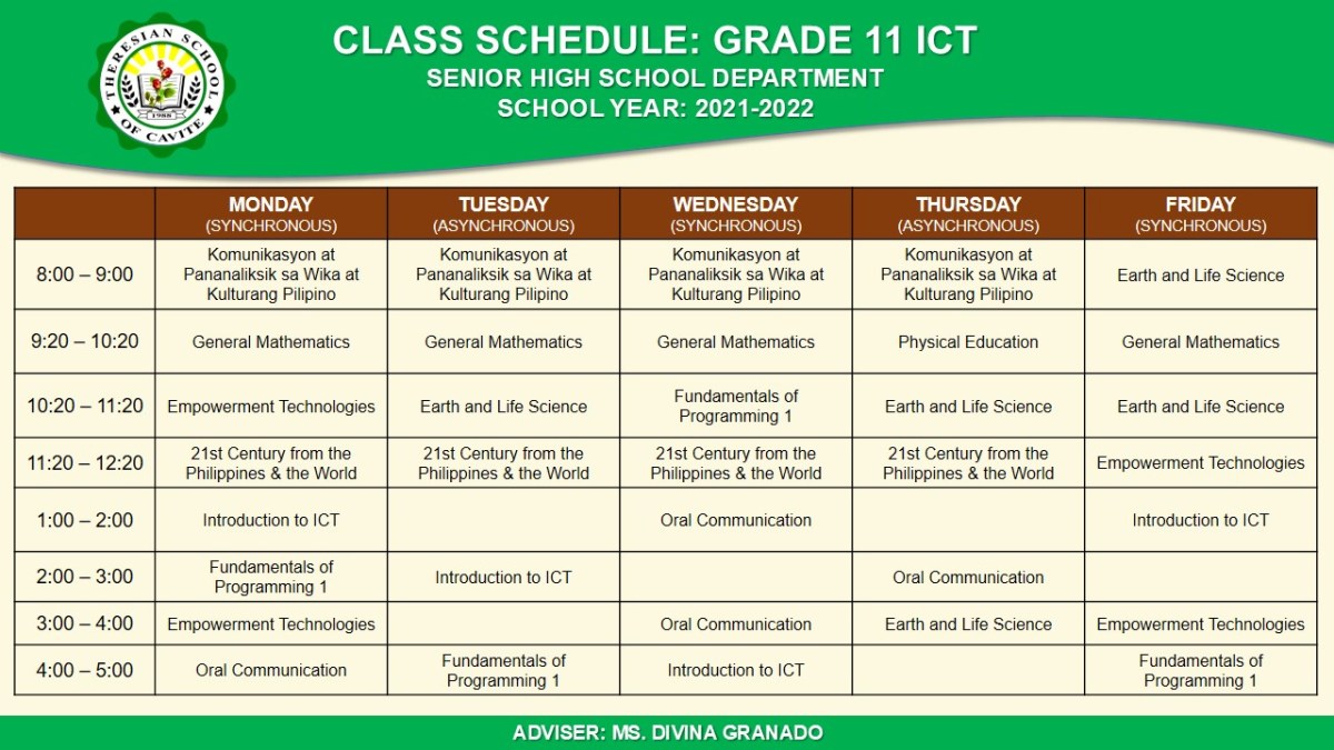 Senior High School Class Schedule for SY: 2021-2022 – THERESIAN SCHOOL ...