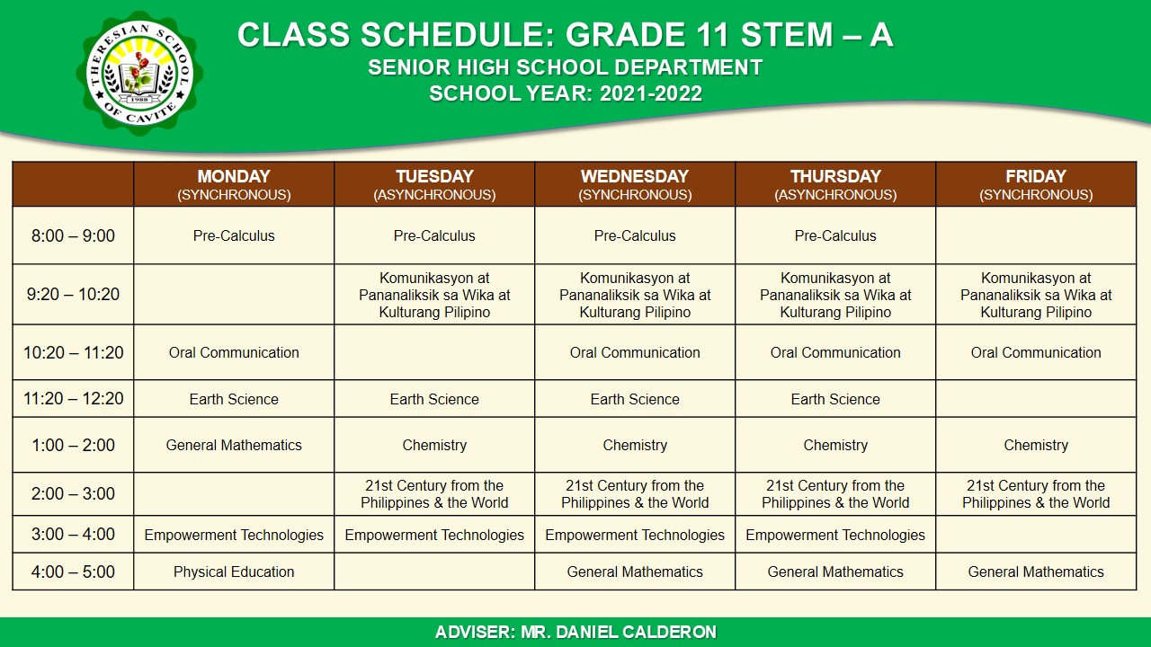 Senior High School Class Schedule for SY: 2021-2022 – THERESIAN SCHOOL ...