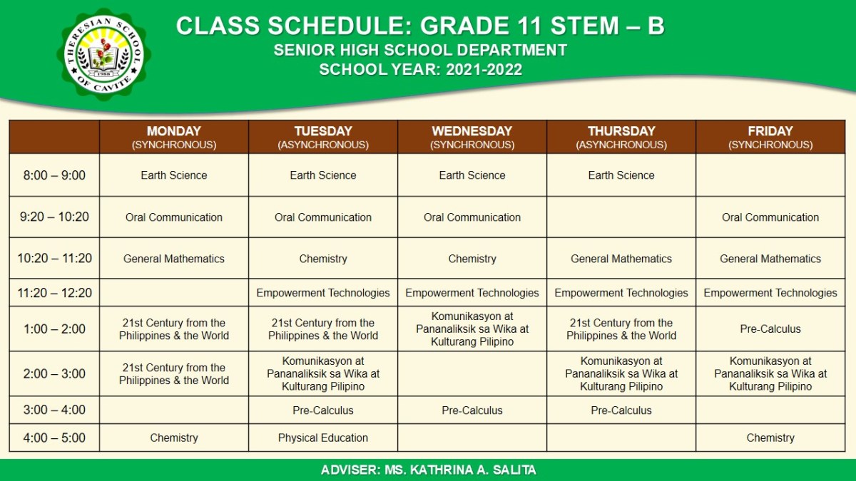 Senior High School Class Schedule for SY: 2021-2022 – THERESIAN SCHOOL ...