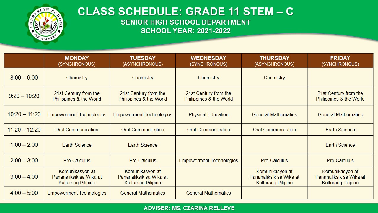Senior High School Class Schedule for SY: 2021-2022 – THERESIAN SCHOOL ...