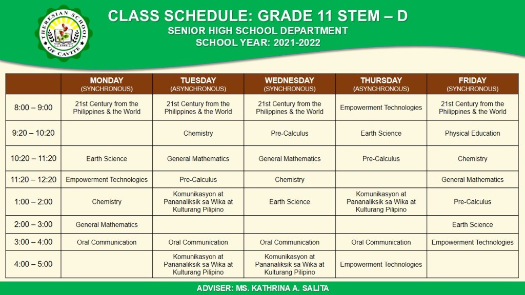 Senior High School Class Schedule for SY: 2021-2022 – THERESIAN SCHOOL ...