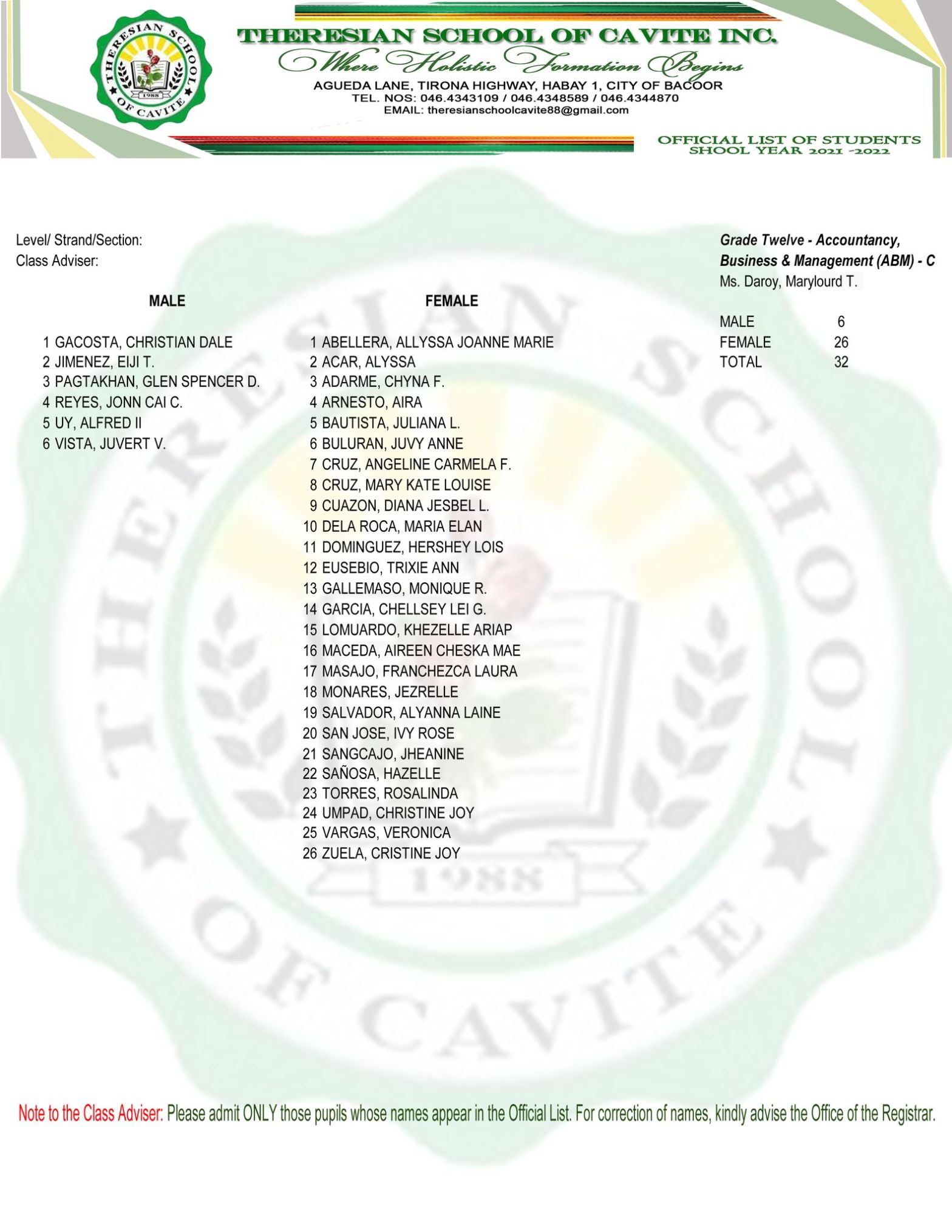 12-ABM-C – THERESIAN SCHOOL OF CAVITE INC.