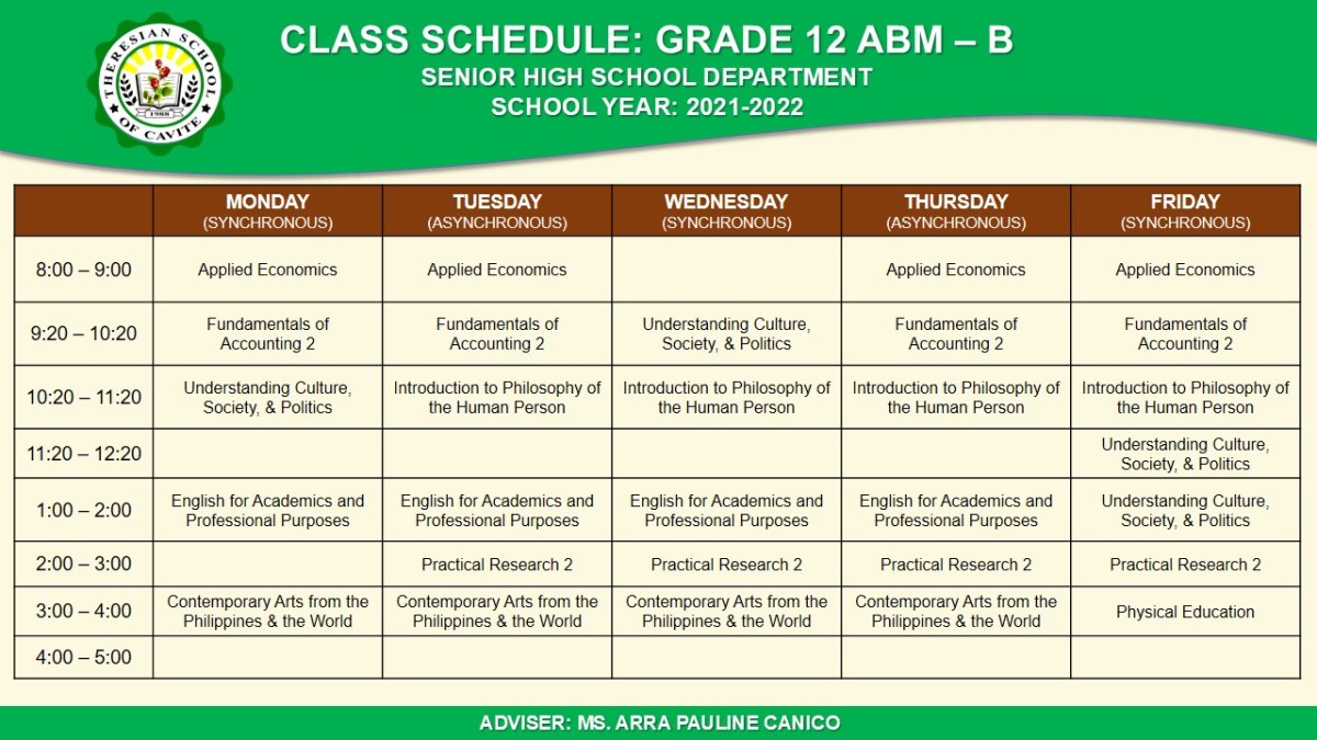 Senior High School Class Schedule for SY: 2021-2022 – THERESIAN SCHOOL ...