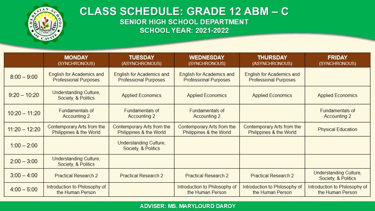 Senior High School Class Schedule for SY: 2021-2022 – THERESIAN SCHOOL ...