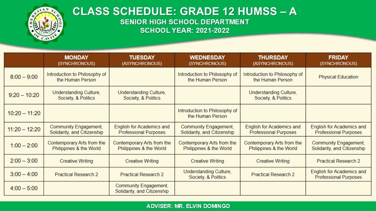 Senior High School Class Schedule for SY: 2021-2022 – THERESIAN SCHOOL ...