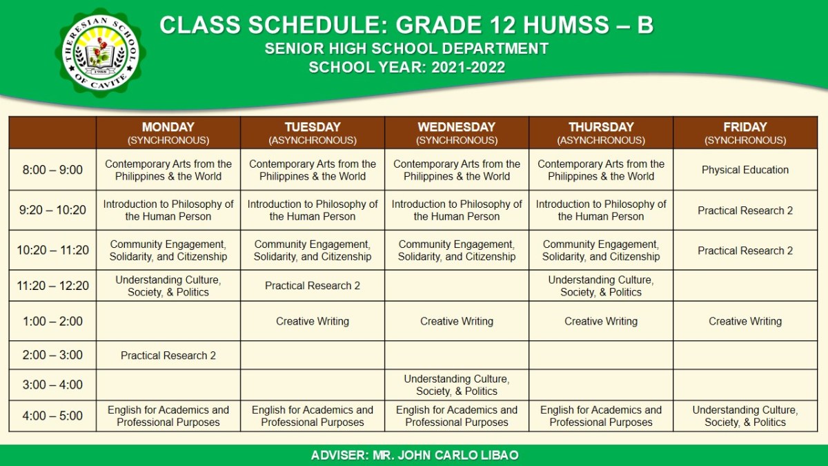 Senior High School Class Schedule for SY: 2021-2022 – THERESIAN SCHOOL ...