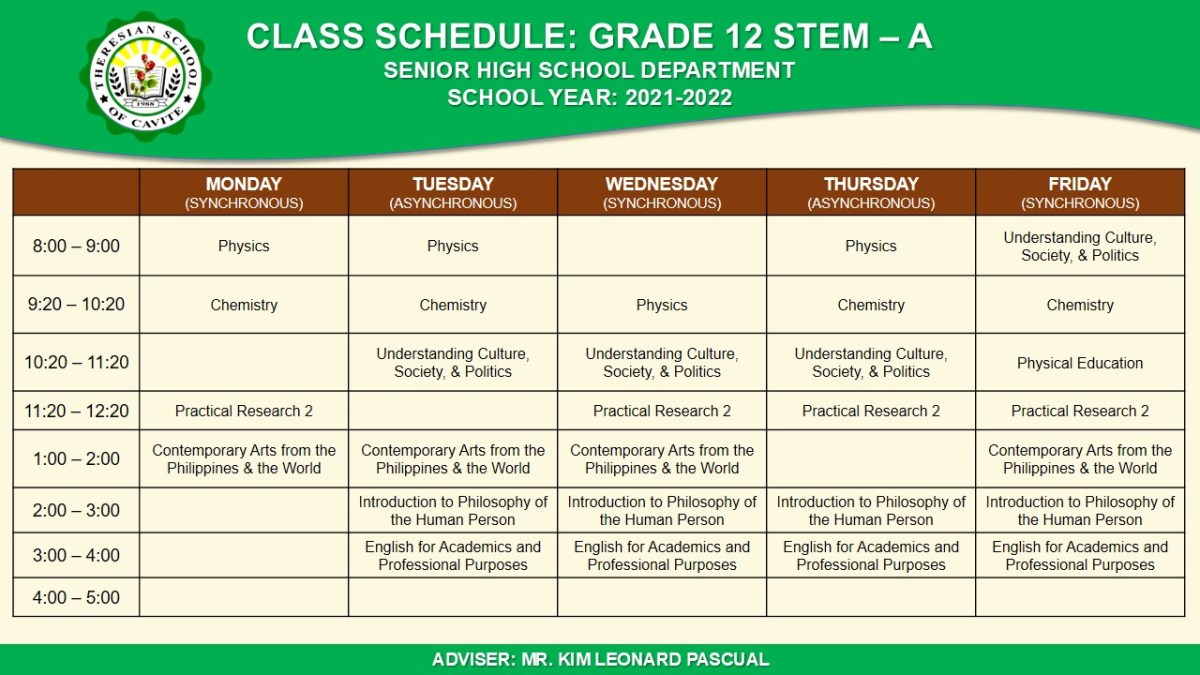 Senior High School Class Schedule for SY: 2021-2022 – THERESIAN SCHOOL ...