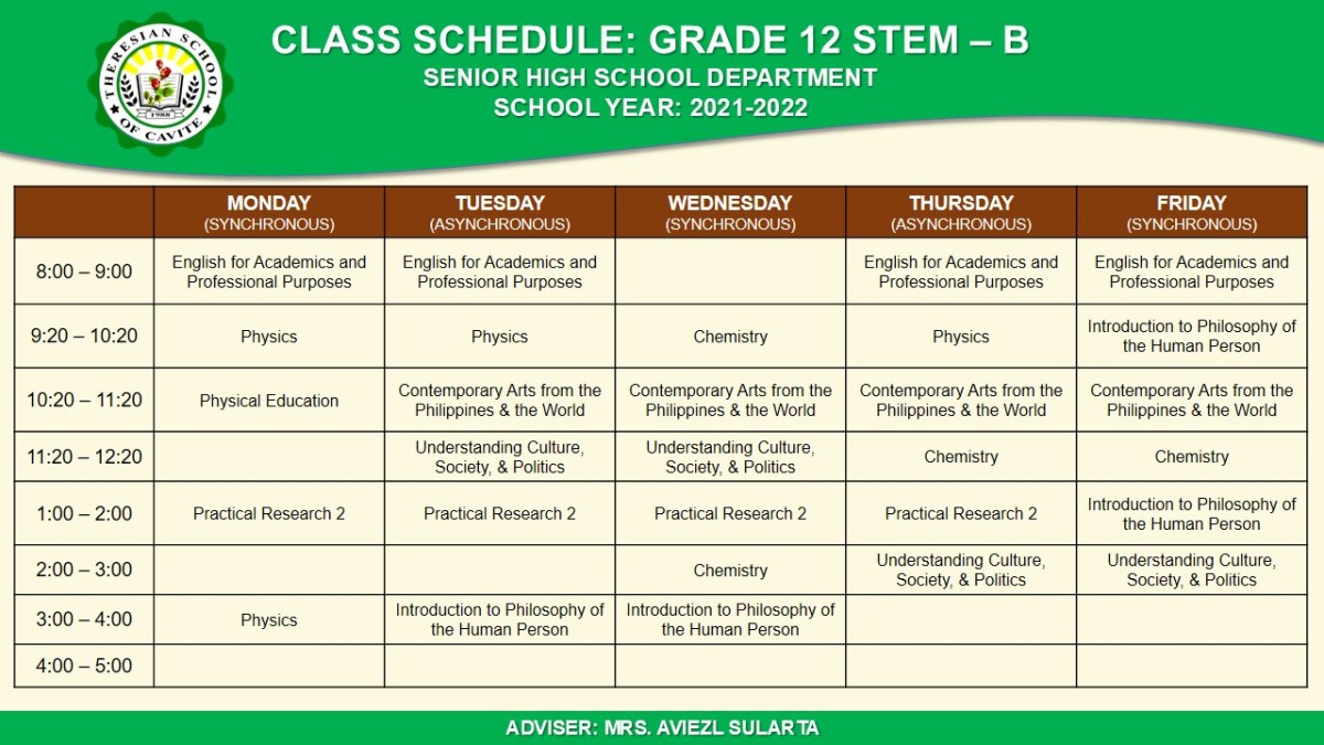 Senior High School Class Schedule for SY: 2021-2022 – THERESIAN SCHOOL ...
