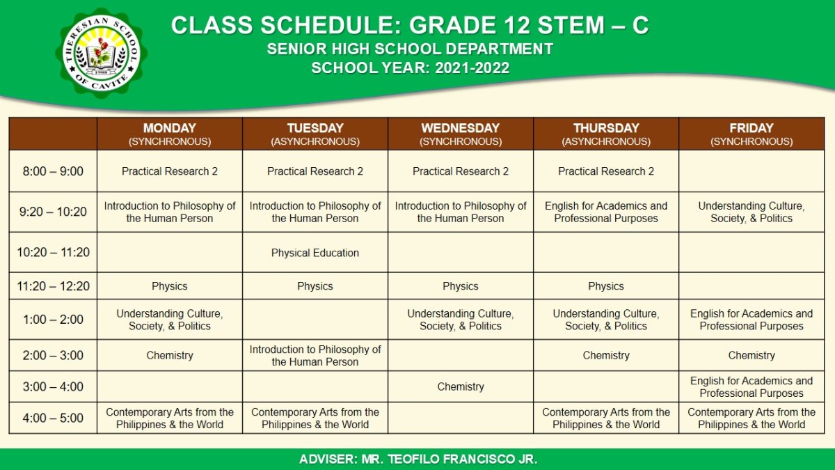 Senior High School Class Schedule for SY: 2021-2022 – THERESIAN SCHOOL ...