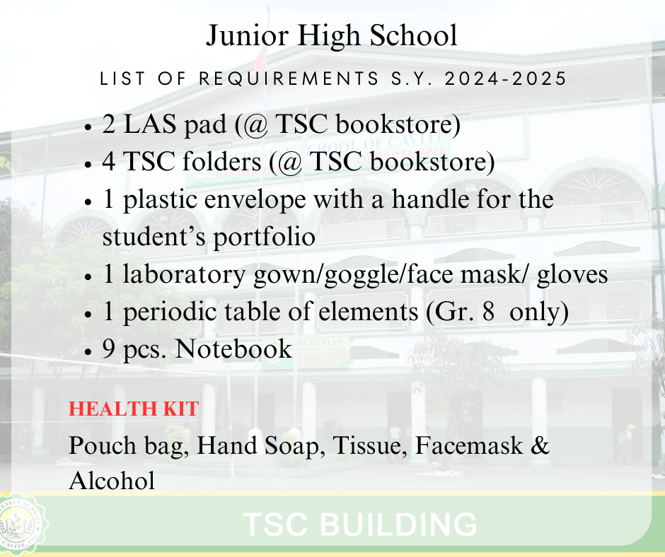 Junior High School School Supplies Theresian School Of Cavite Inc